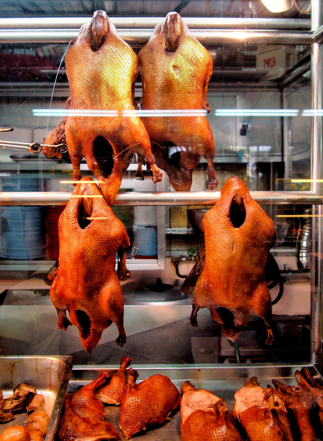 Roasted Chickens Hanging in a Hawker Center Window in Singapore ...