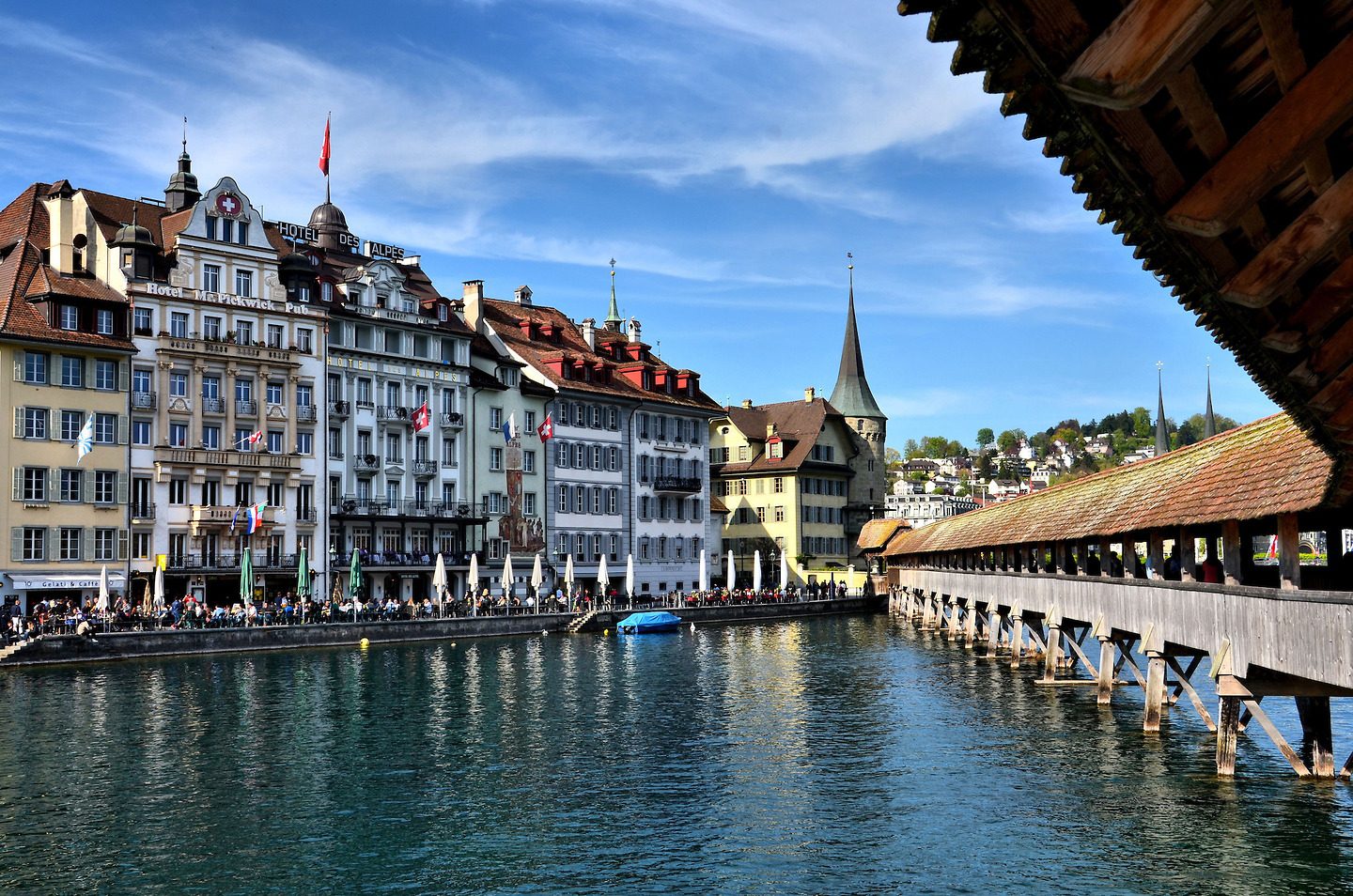 Chapel Bridge, Rathausquai and Reuss River in Lucerne, Switzerland ...
