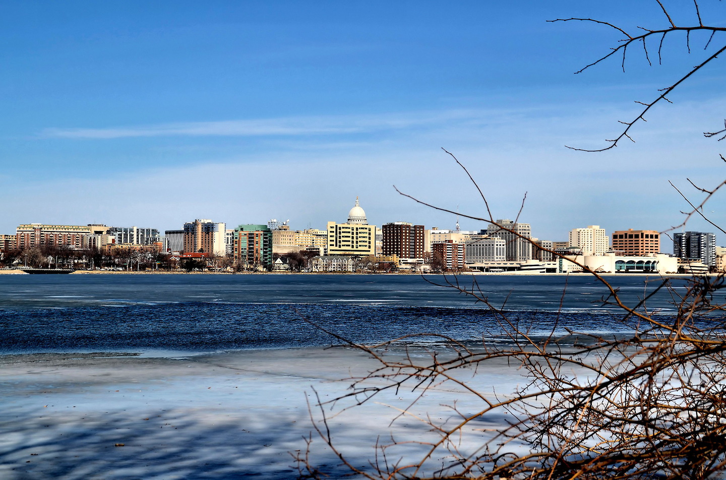 Madison Skyline across Partially Frozen Lake Monona in Madison ...